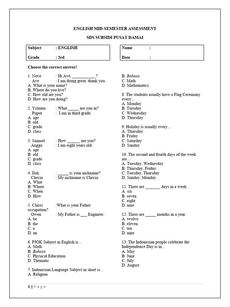 English Mid Semester Assessment 3rd Grade | PDF