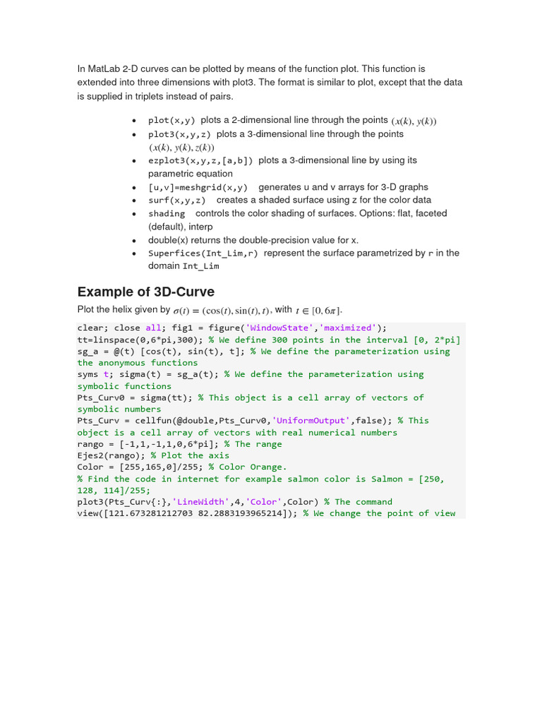 3D Plotting in MatLab: Curves & Surfaces | PDF | Function (Mathematics ...
