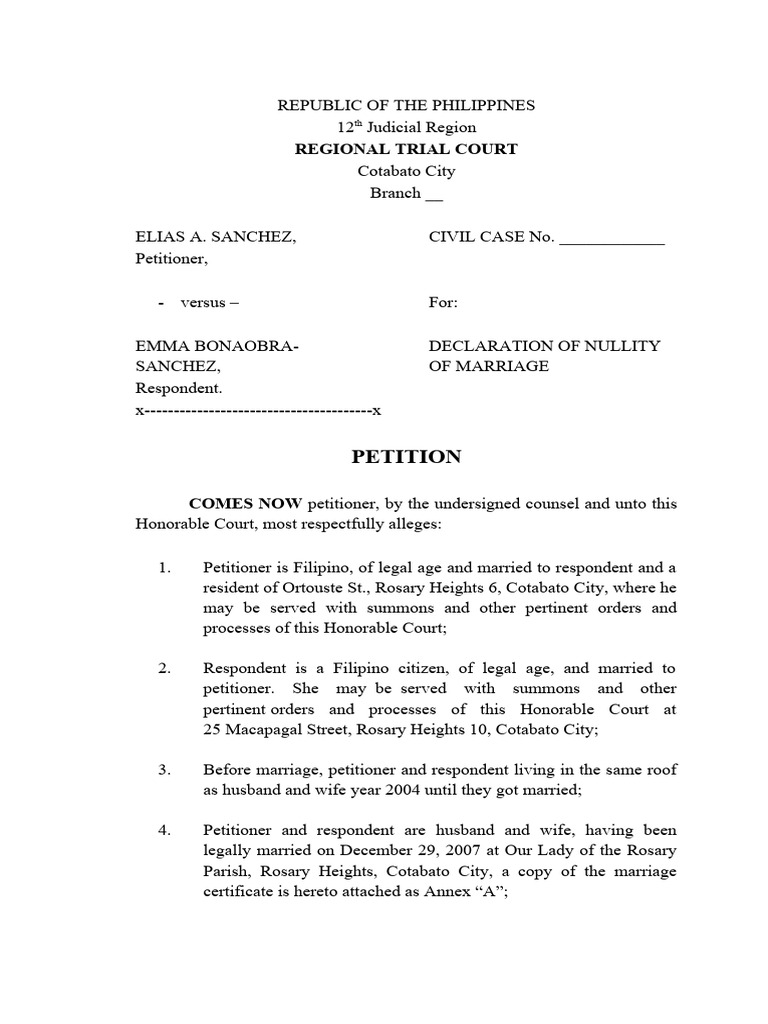 SAMPLE PETITION FOR ANNULMENT OF MARRIAGE With ANNEX | PDF | Annulment ...
