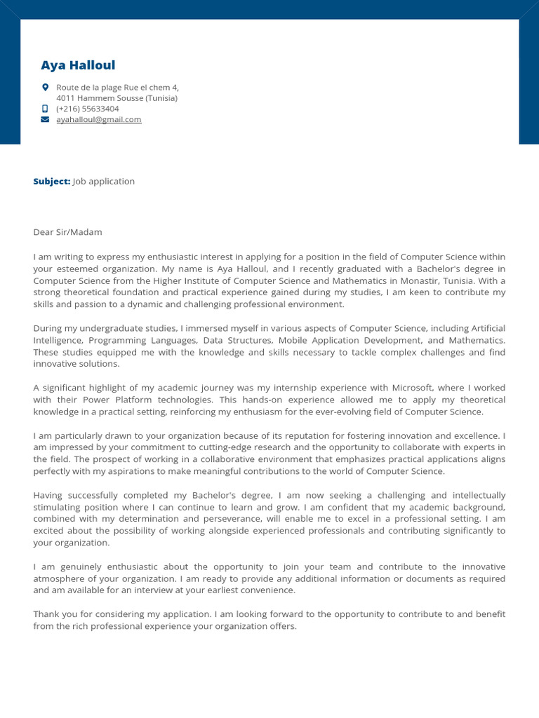 Cover Letter For Job Aya | PDF | Science | Computer Science