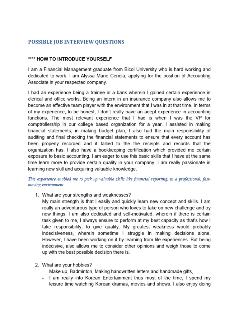 POSSIBLE JOB INTERVIEW QUESTIONS | PDF