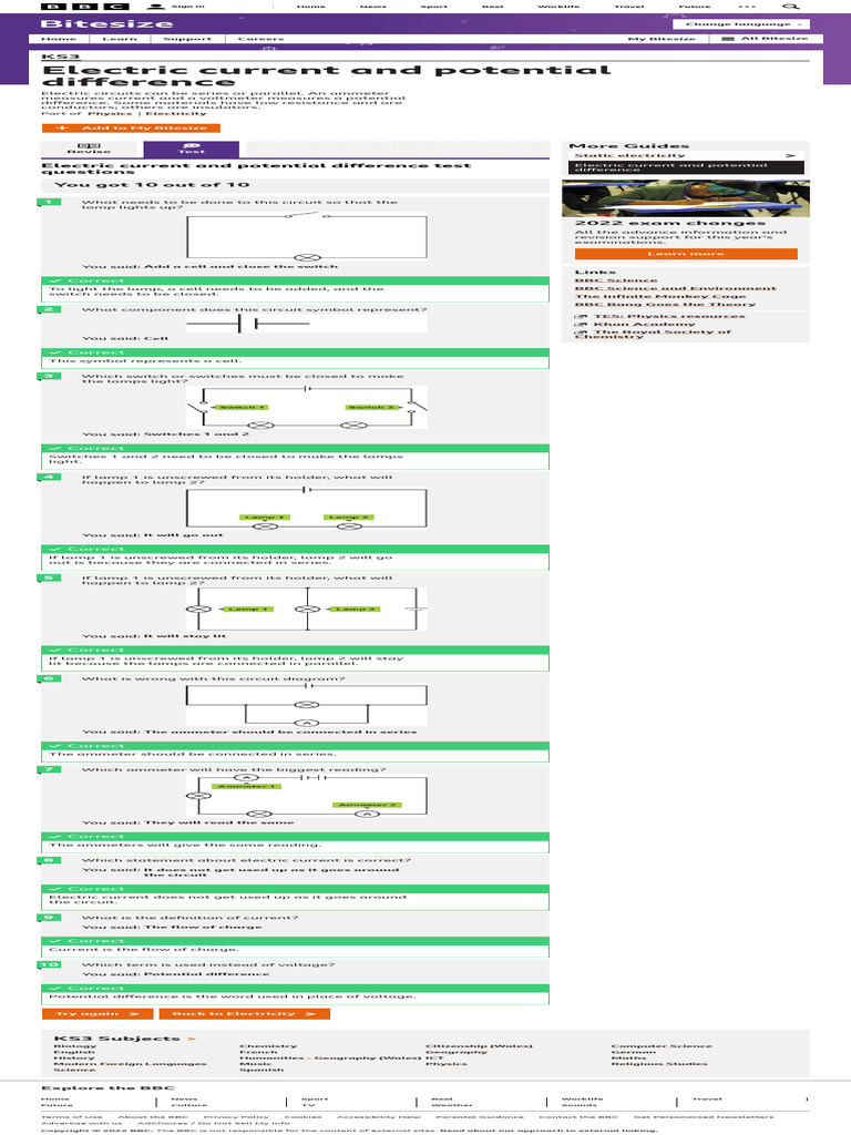 Electric Current and Potential Difference Test Questions - KS3 Physics ...
