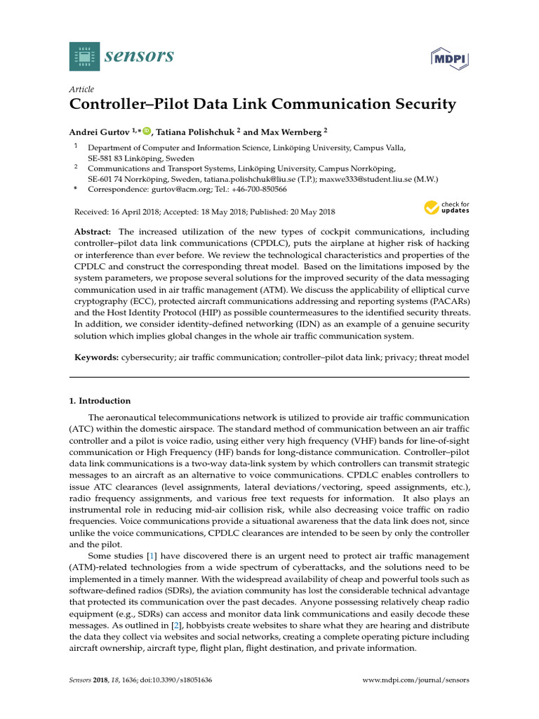 Controller-Pilot Data Link Communication Security | PDF | Computer ...