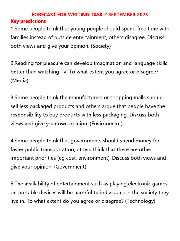 Forecast For Writing Task 2 September 2023 | PDF | Entertainment