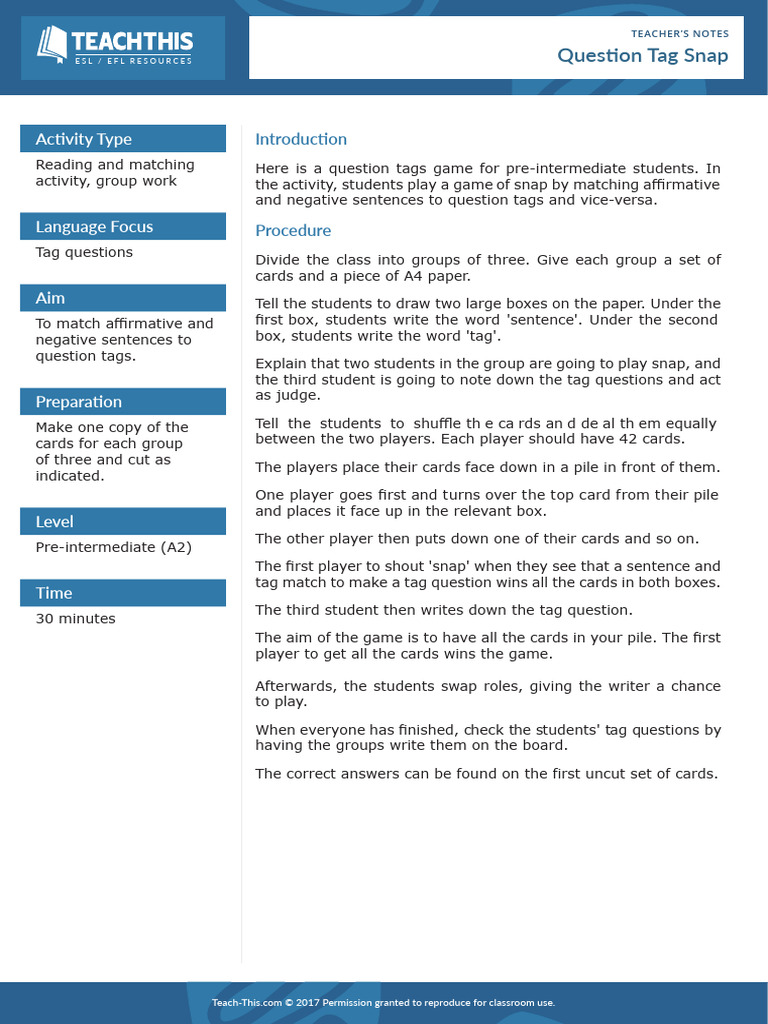 Question Tag Snap Game for ESL Students | PDF | Linguistics | Human ...