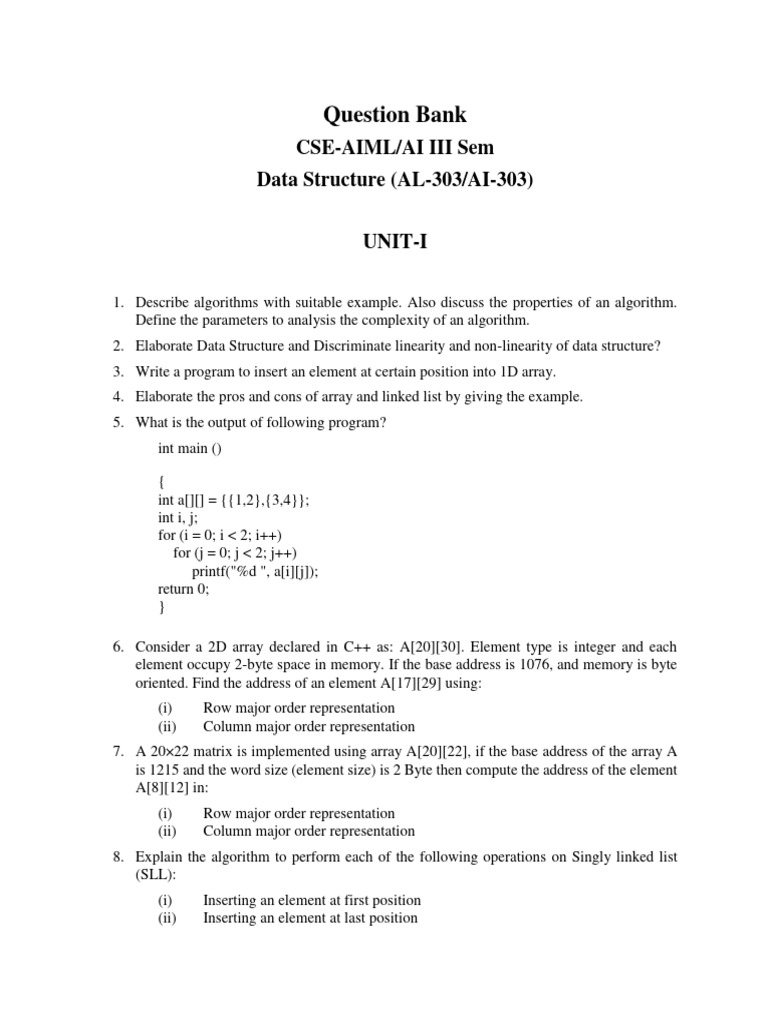 Question Bank For DS (AIML+AI) | PDF | Computer Science | Software ... Question Bank For DS (AIML+AI) | PDF | Computer Science | Software ...