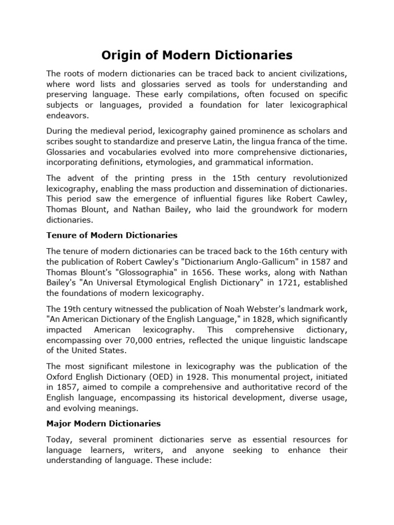 Origin of Modern Dictionaries | PDF