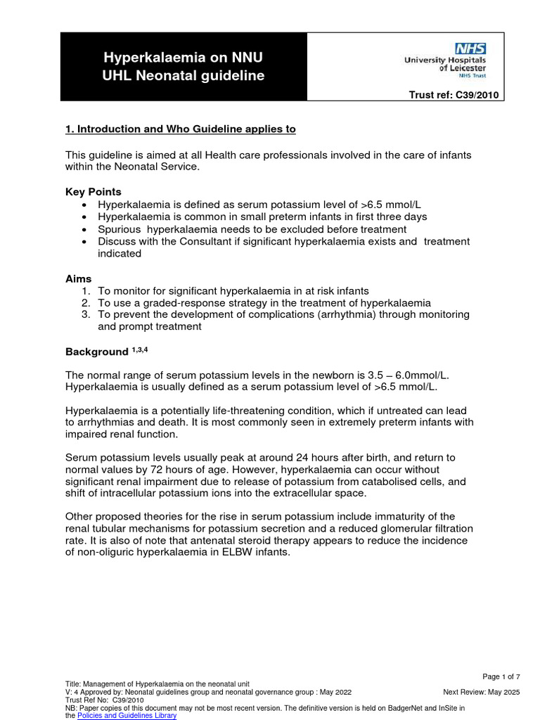 Hyperkalaemia On NNU UHL Neonatal Guideline | PDF