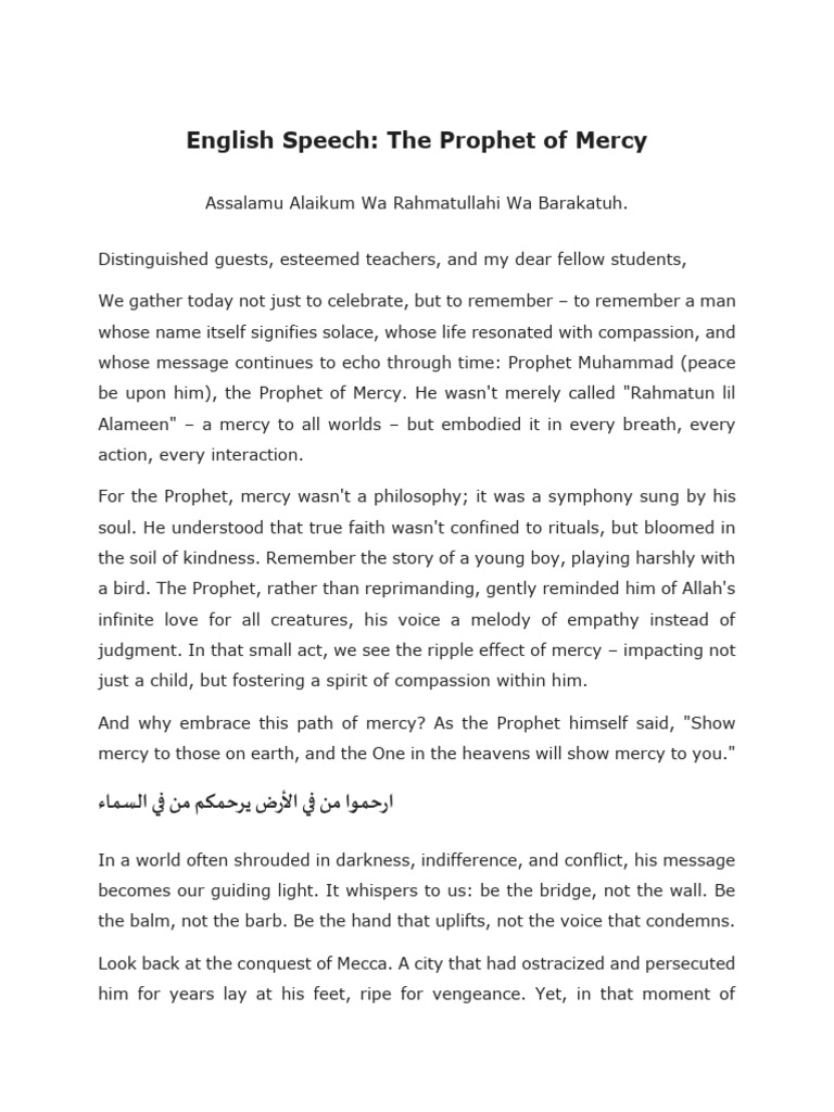 Prophet of Mercy - English Speech | PDF | Muhammad | Religious Belief ...