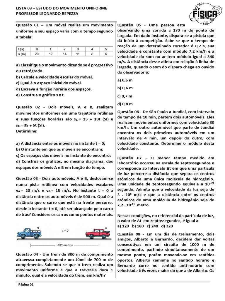 LISTA 03 - ESTUDO DO MOVIMENTO UNIFORME | PDF