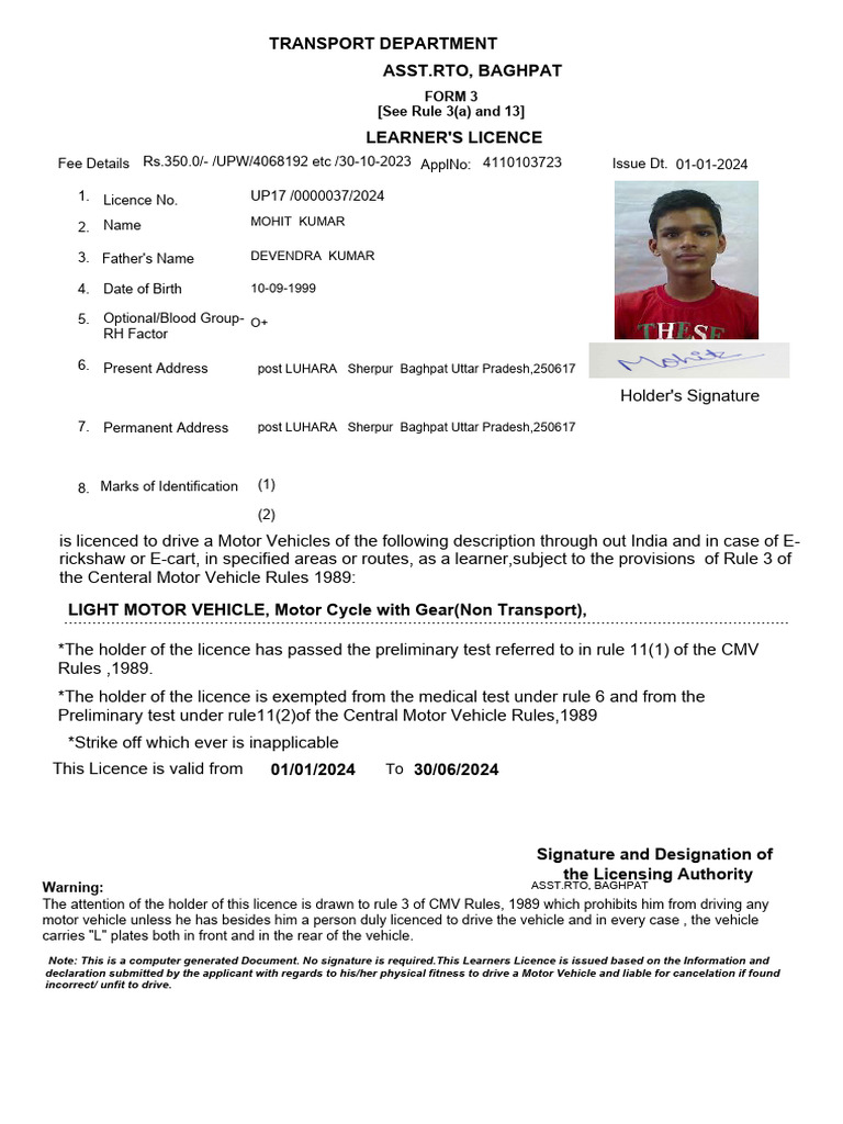 Asst - Rto, Baghpat Transport Department: Form 3 (See Rule 3 (A) and 13 ...