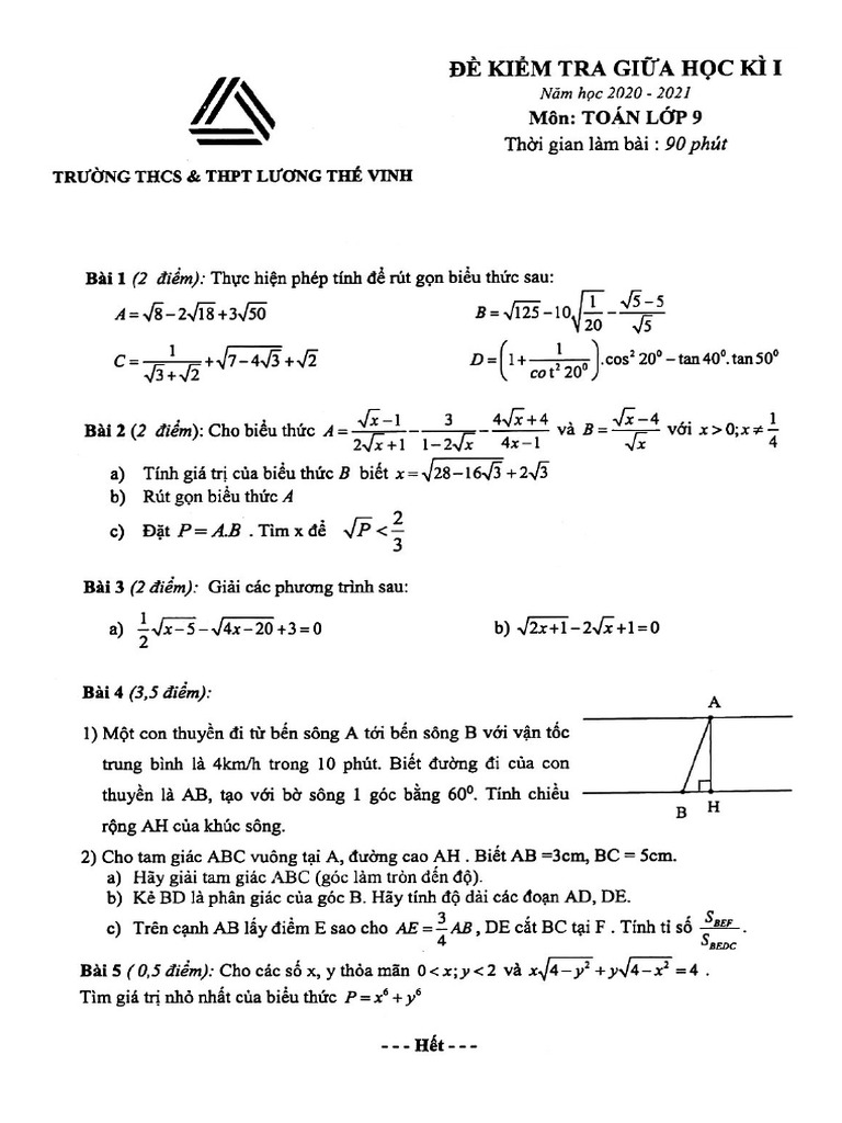 De Thi Giua Hoc Ki 1 Toan 9 Nam 2020 2021 Truong Luong The Vinh Ha Noi | PDF