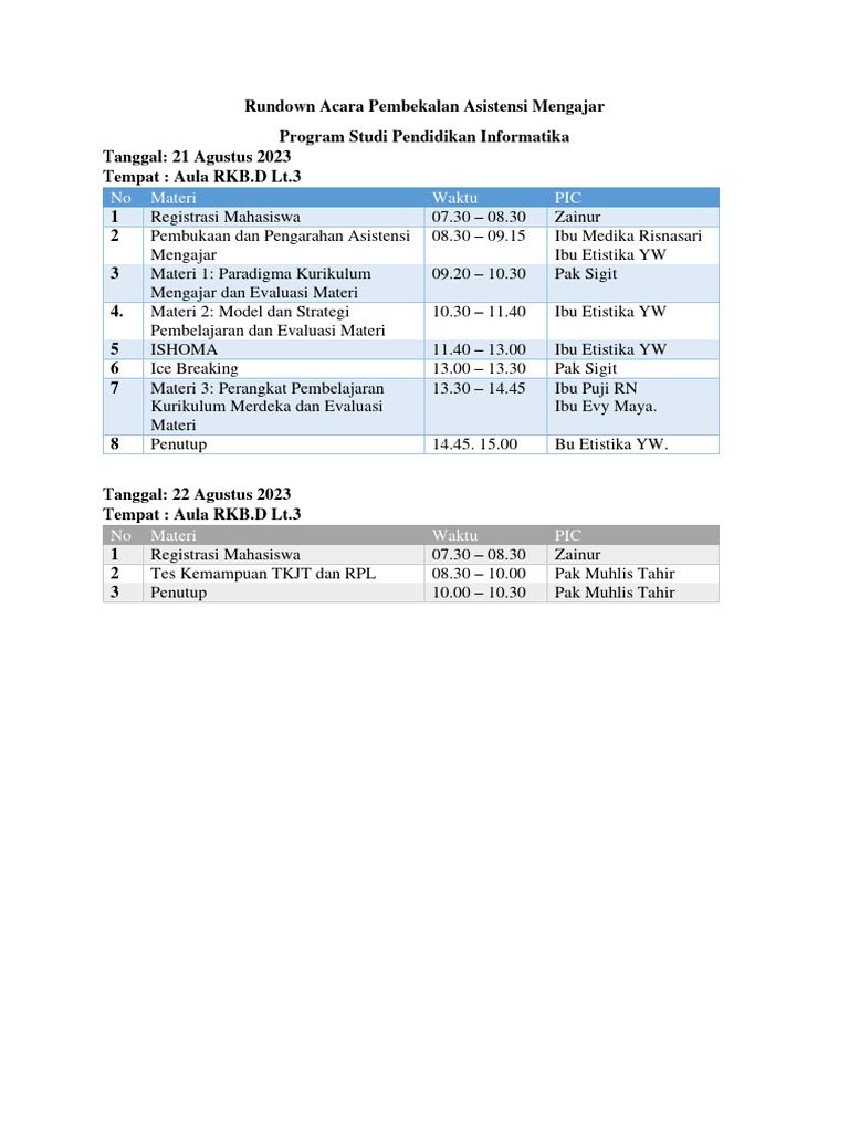 Rundown Acara Pembekalan Asistensi Mengajar | PDF