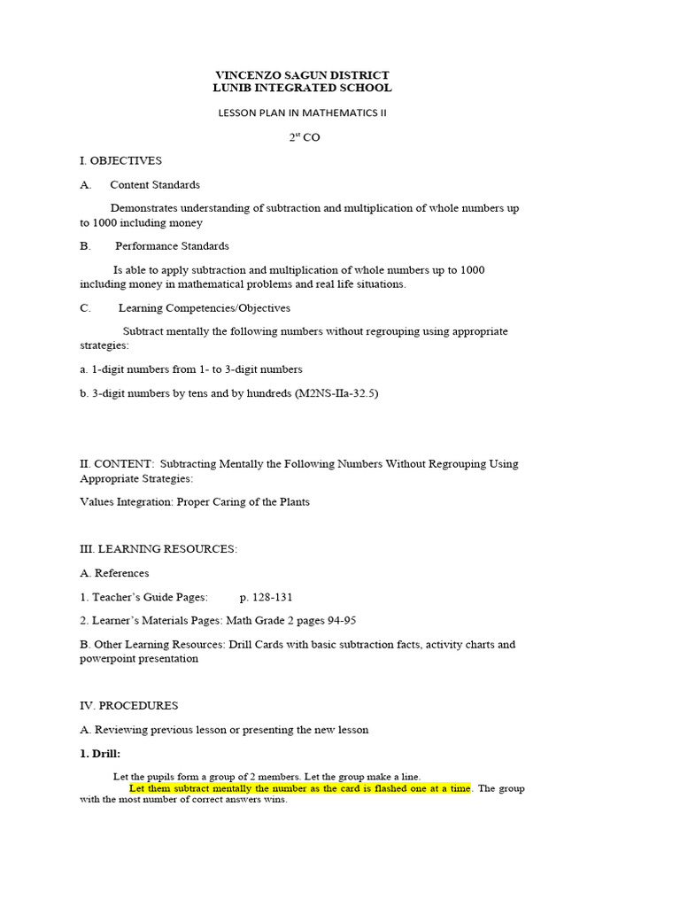 Cot Math Lesson Plan | PDF