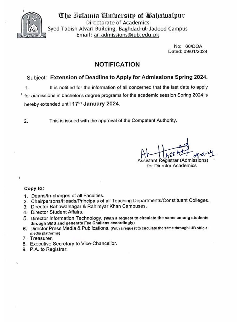 Extension in Deadline To Apply | PDF