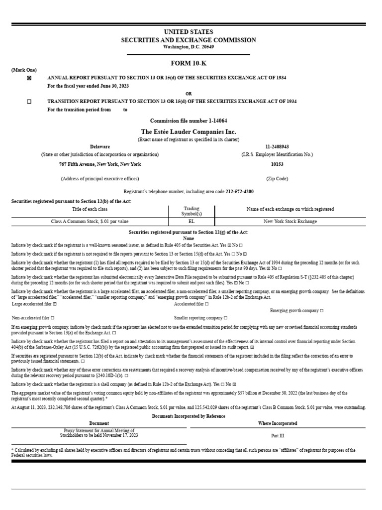 Estee Annual Report 2023 | PDF | Cosmetics | Form 10 K