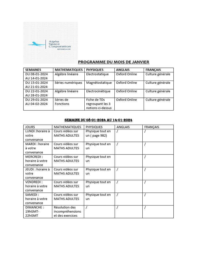 Programme de cours janvier 2024 | PDF