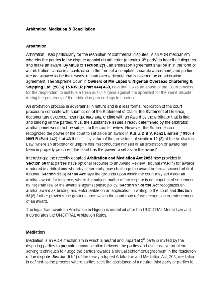 Arbitration, Mediation, and Conciliation Guide | PDF | Mediation ...