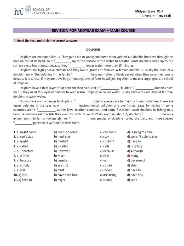 P1-F Midyear Revision - Main Course | PDF | Dolphin | Drinking Water