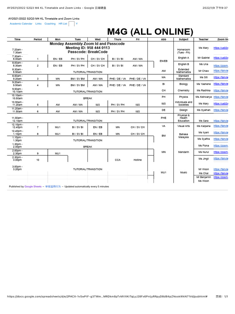 S2Q3 M4 KL Timetable and Zoom Links | PDF