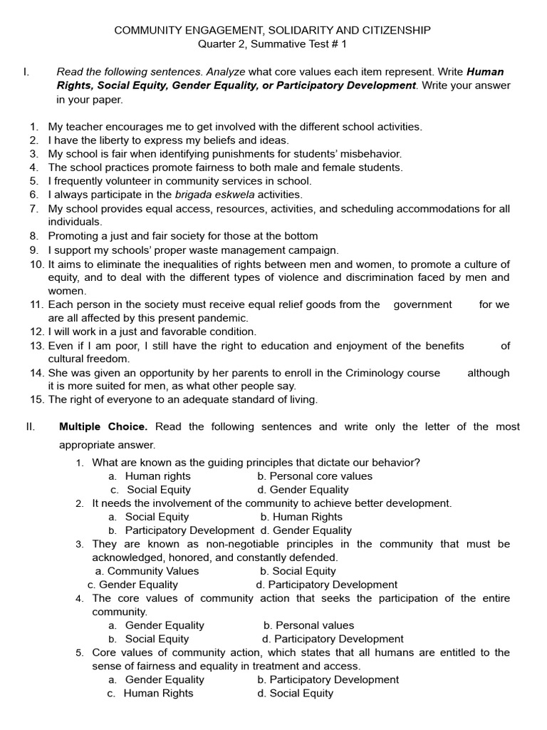 Community Engagement, Quarter 2 Summative Test 1 | PDF | Social ...