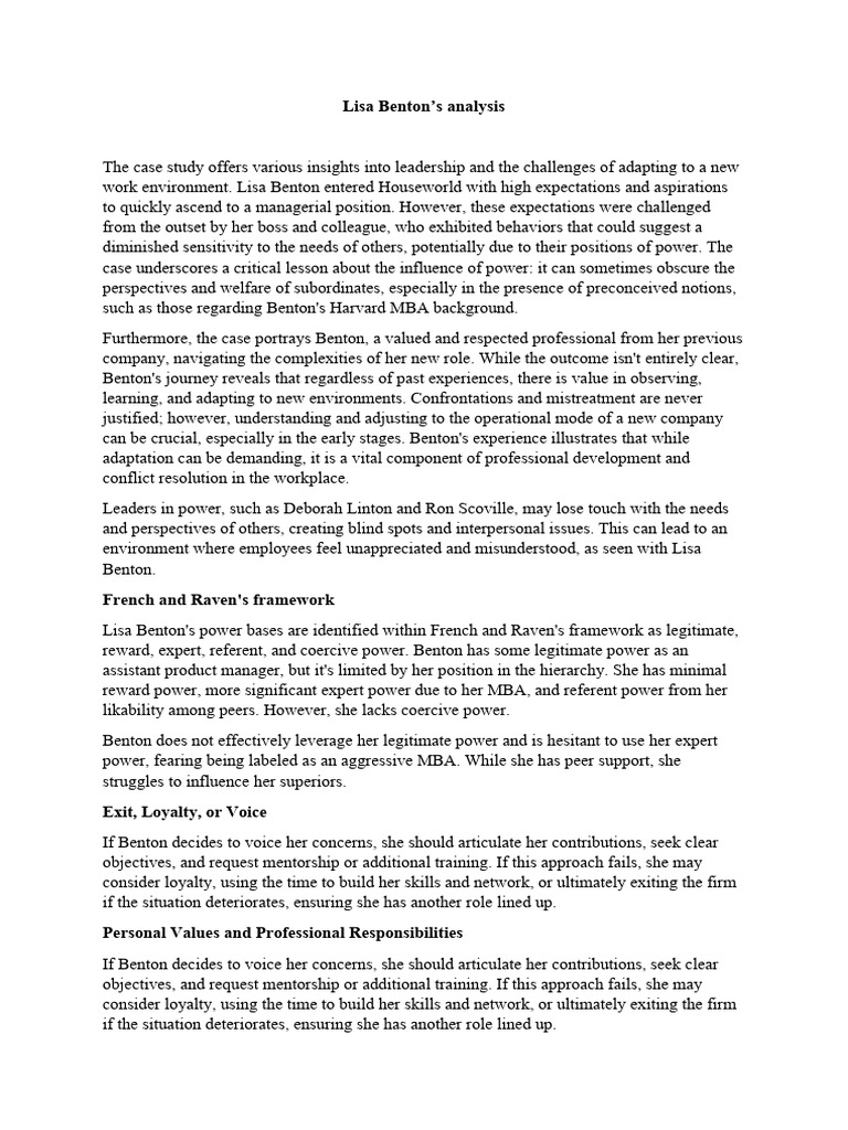Lisa Benton Case Analysis - Leadership Analysis | PDF | Power (Social ...