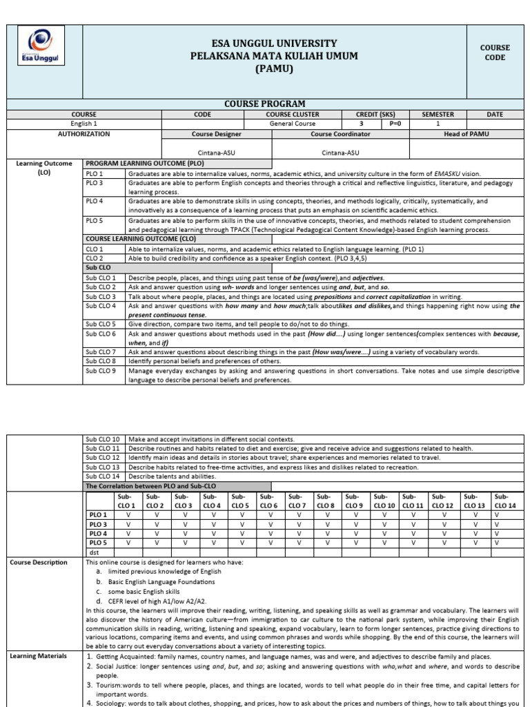 RPS Bahasa Inggris 1 - Cintana ASU | PDF | Vocabulary | English Language