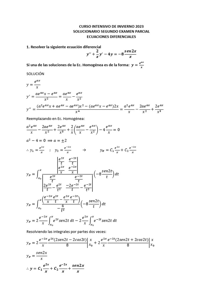 Solucionario Segundo Parcial MAT-207 Invierno 2023 | PDF | Ecuaciones | Integral