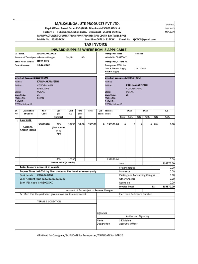 Jute Products Tax Invoice Details | PDF | Government | Taxation