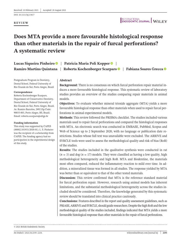 Int Endodontic J - 2021 - Pinheiro - Does MTA Provide A More Favourable ...