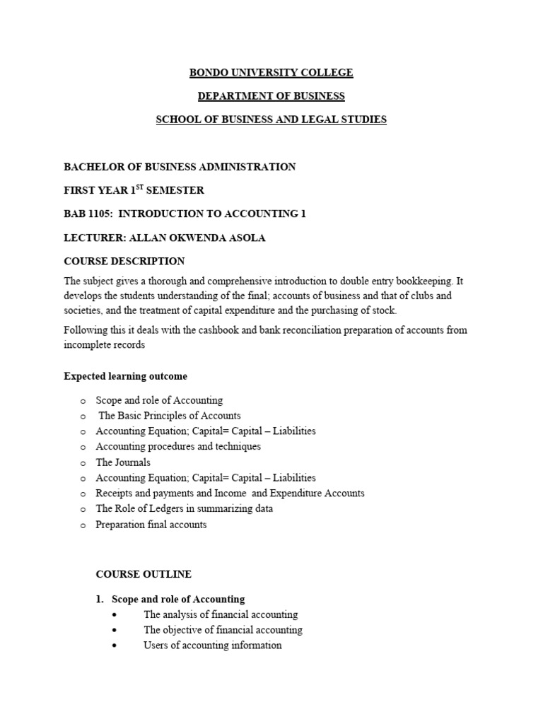 Course Outline Aba 103 Introduction To Accounting 1 2020 2021 | PDF | Financial Accounting ...