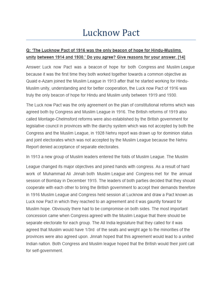 Lucknow Pact | PDF | Muhammad Ali Jinnah | All India Muslim League