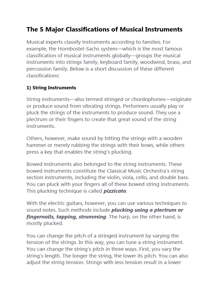 The 5 Major Classifications of Musical Instruments | PDF | String Instruments | Woodwind Instruments