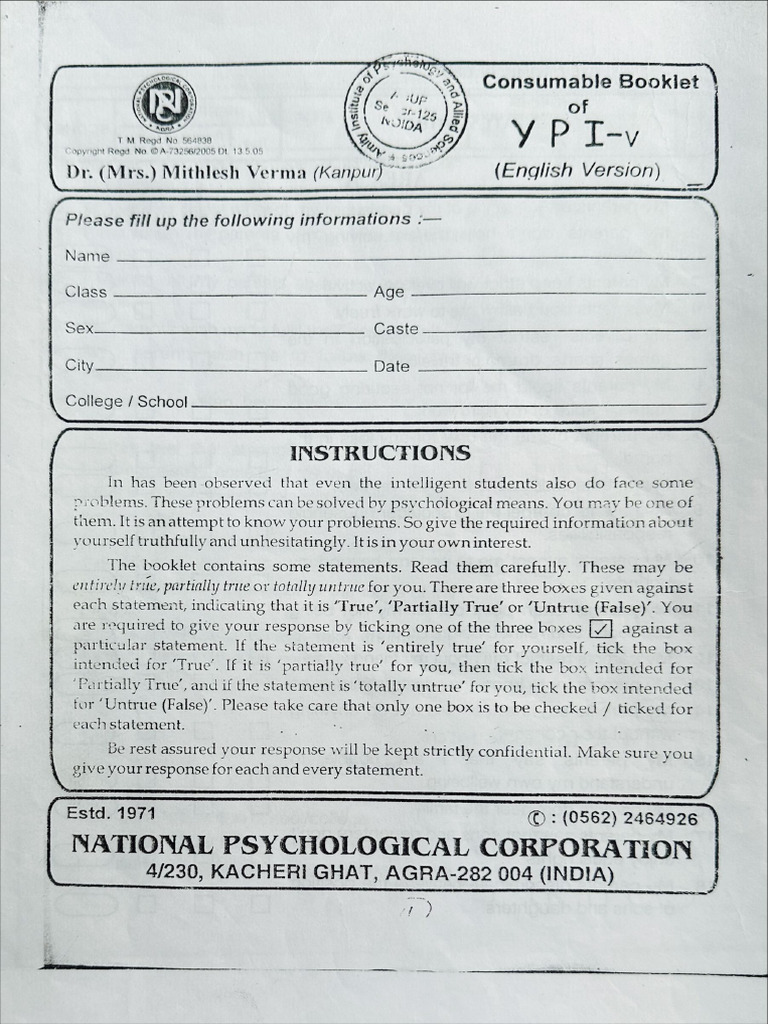 Youth Problem Inventory | PDF