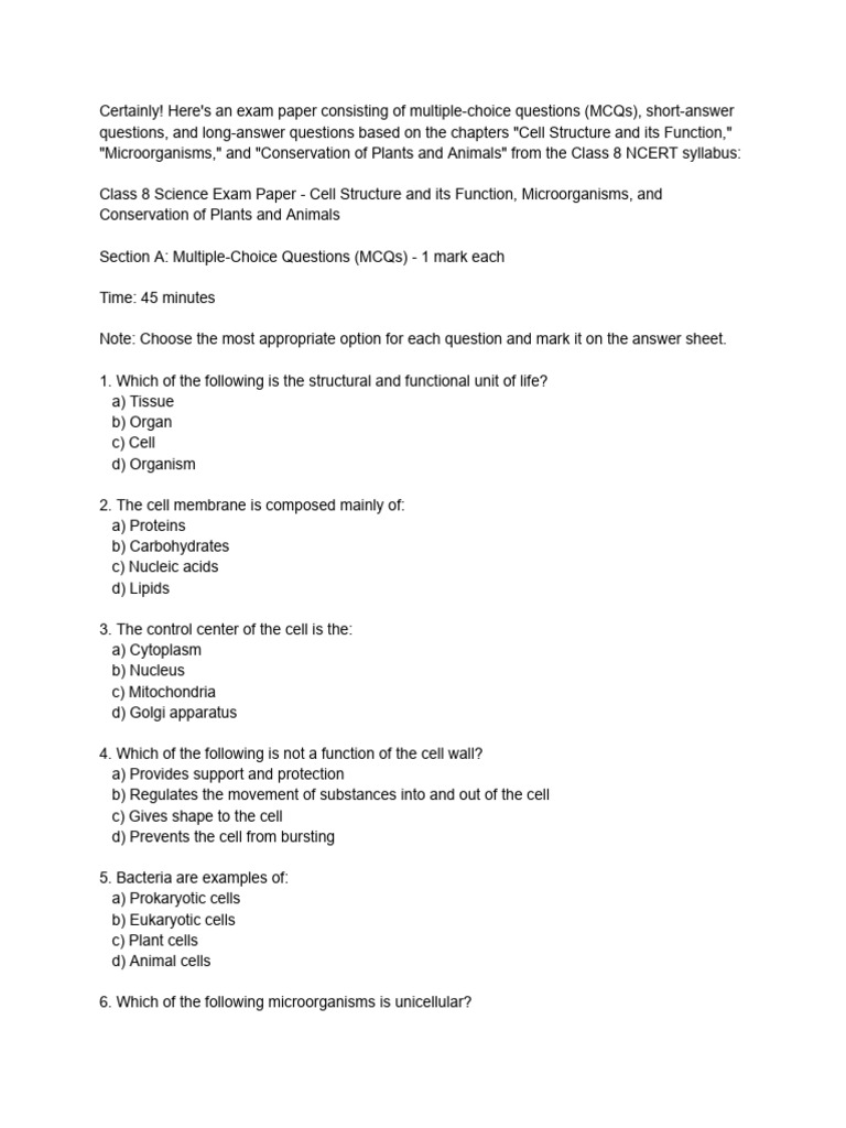 Exam Paper Sample Bio | PDF | Cell (Biology) | Microorganism
