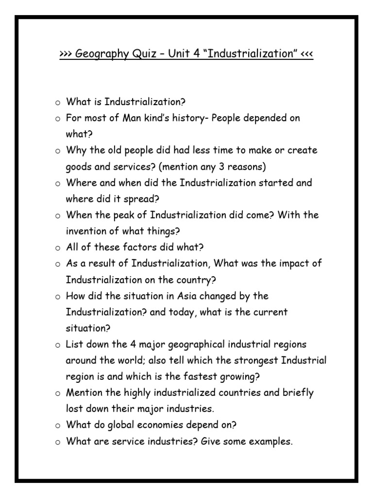 Geography Quiz - Industrialization | PDF