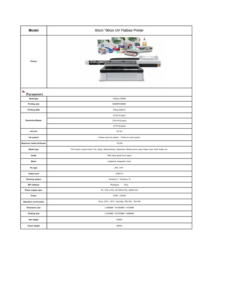 UV Flatbed Printer Specs | PDF | Printer (Computing) | Electric Motor