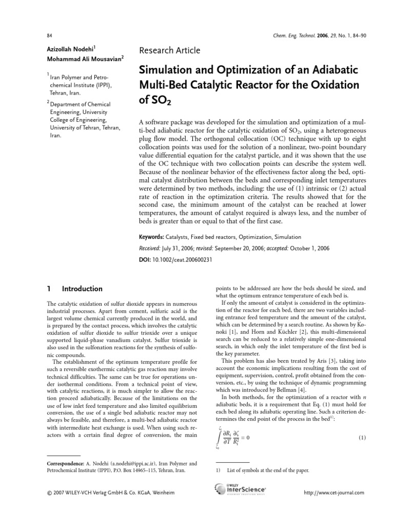 Simulation and Optimization of An Adiabatic Multi-Bed Catalytic Reactor For The Oxidation of SO ...