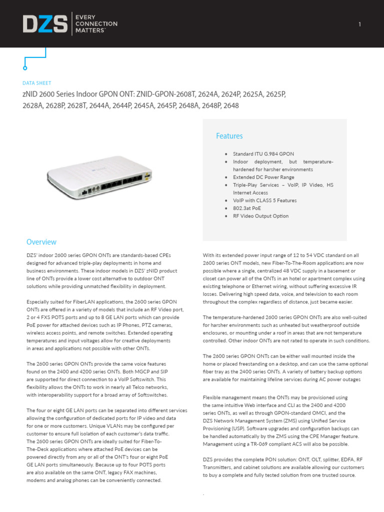 zNID-GPON-2600 - DZS | PDF | Networking Standards | Electrical Engineering