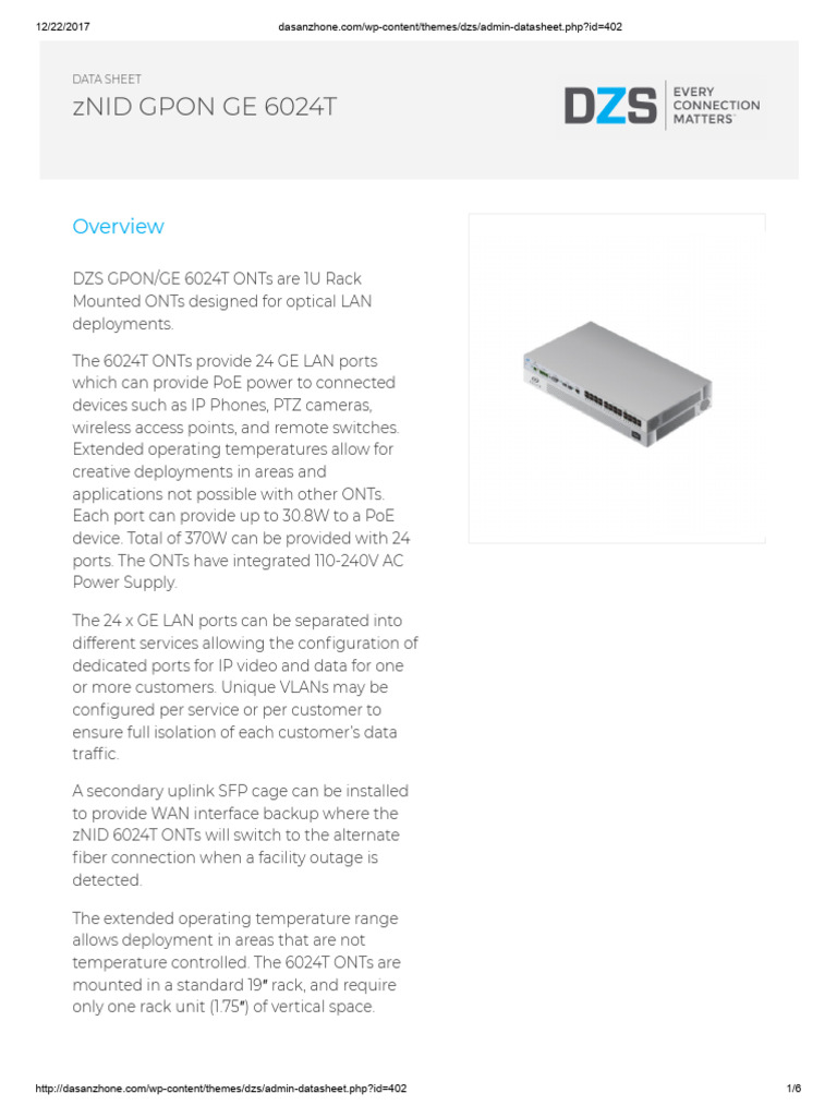 zNID GPON GE 6024T - DZS | PDF | Network Switch | Internet Standards