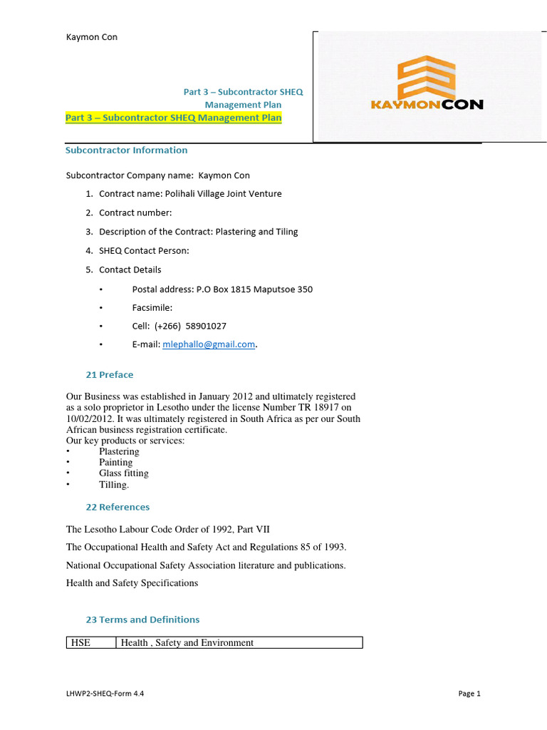 Subcontractor SHEQ Management Plan | PDF | Occupational Safety And ...