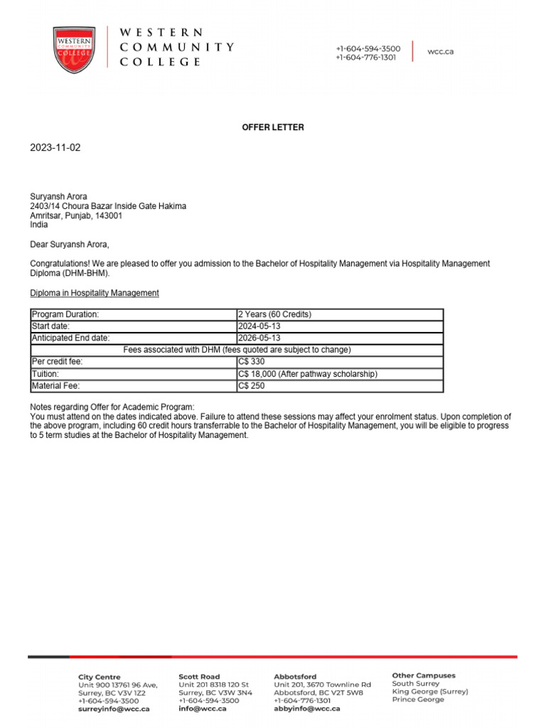 Offer Letter WCC | PDF