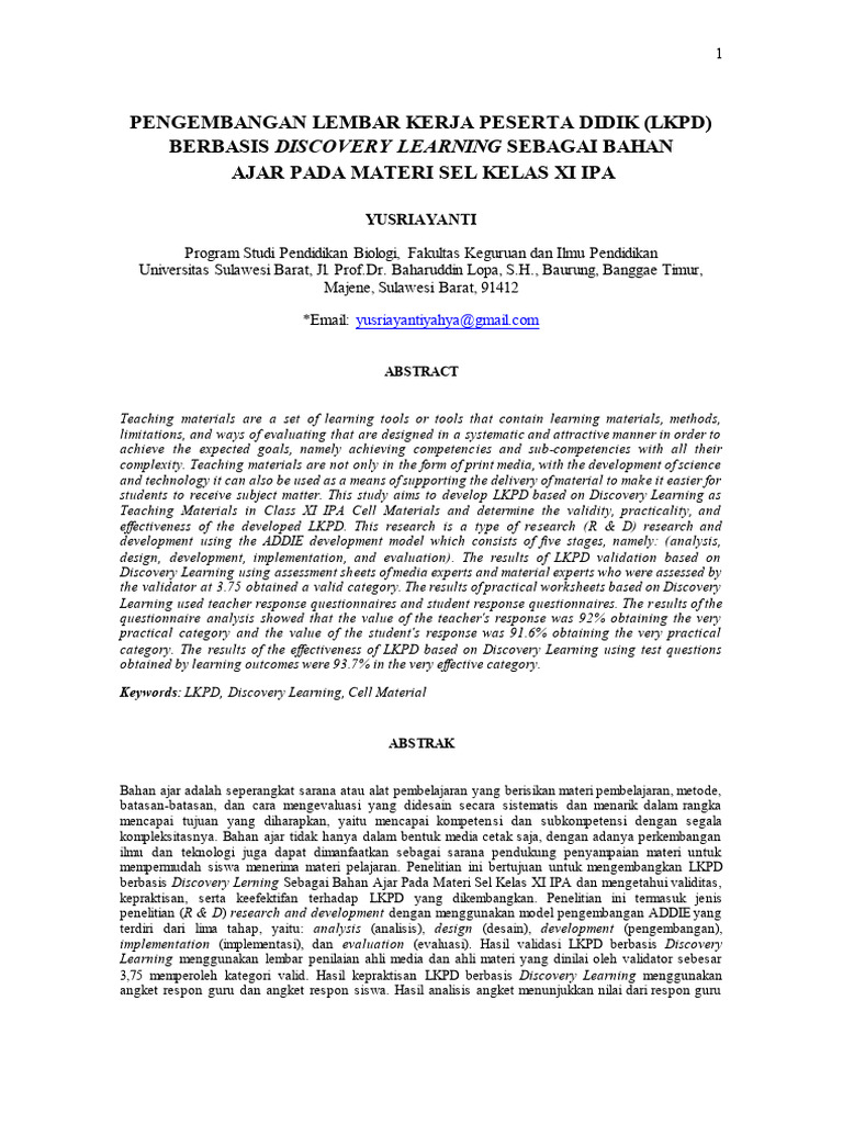 Pengembangan Lembar Kerja Peserta Didik (LKPD) Berbasis Discovery Learning Sebagai Bahan Ajar ...