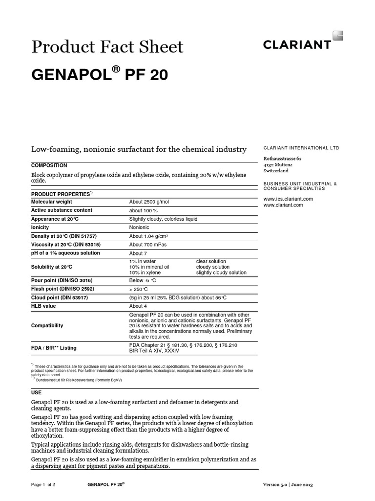 Genapol PF 20 | PDF | Emulsion | Surfactant