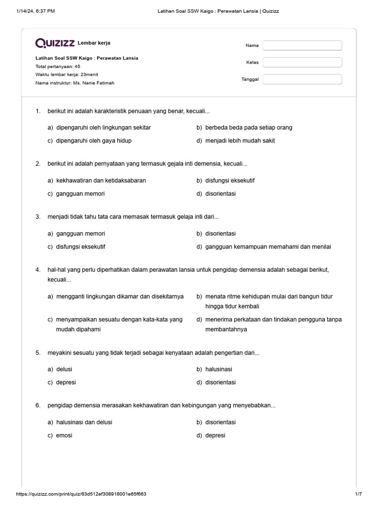 Latihan Soal SSW Kaigo - Perawatan Lansia - Quizizz | PDF
