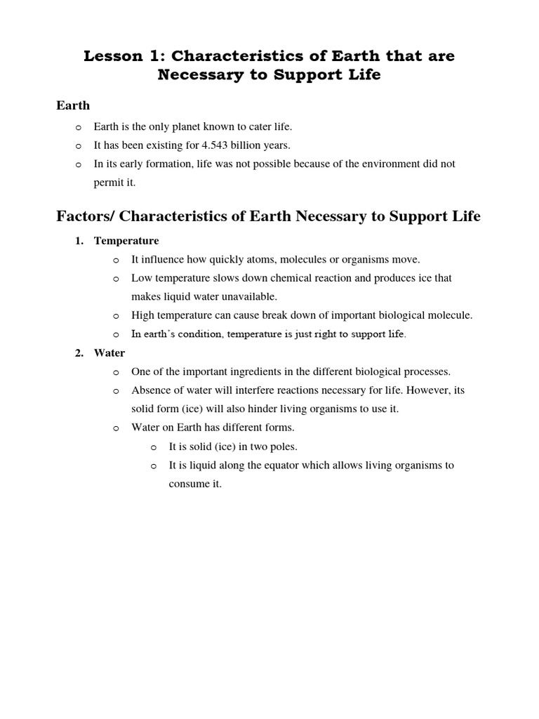 Lesson 1 - Characteristics of Earth That Are Needed To Support Life | PDF