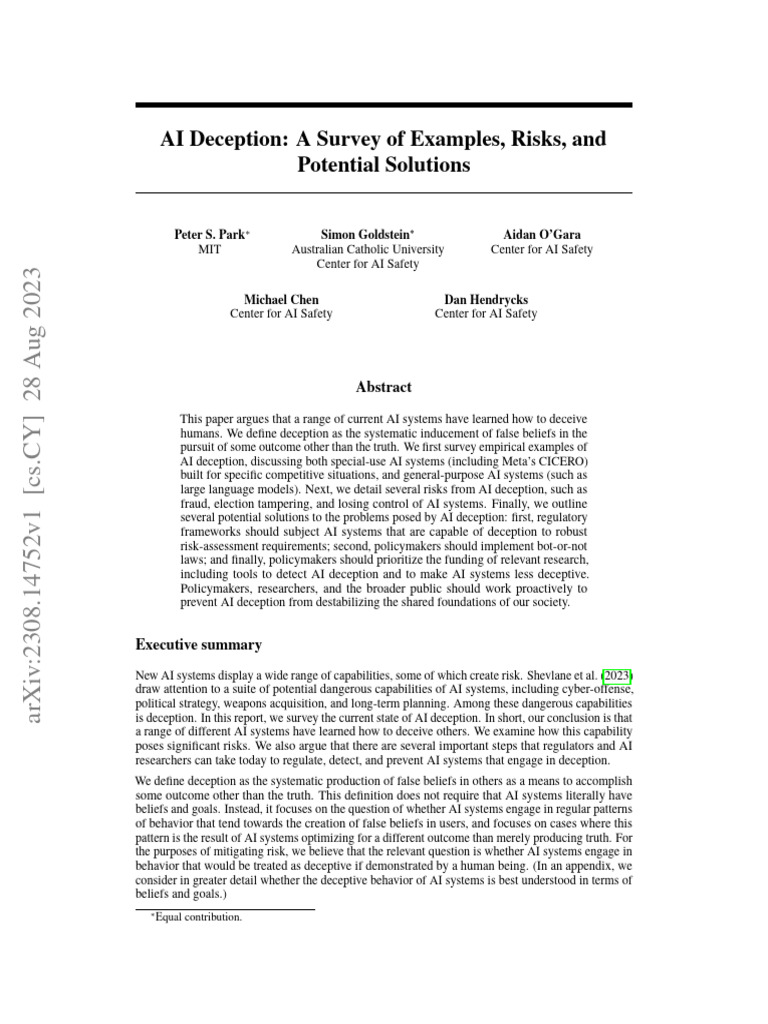 AI Deception: A Survey of Examples, Risks, and Potential Solutions | PDF | Artificial ...