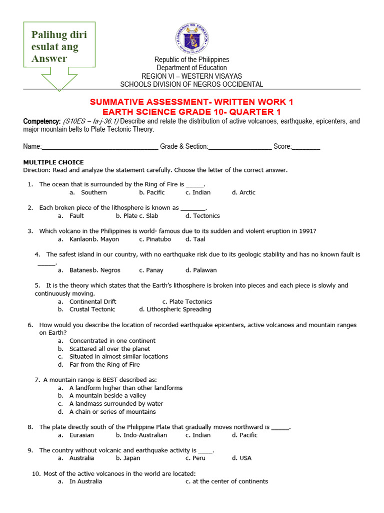 1 Written Work Science 10 Q1 | PDF | Plate Tectonics | Earthquakes
