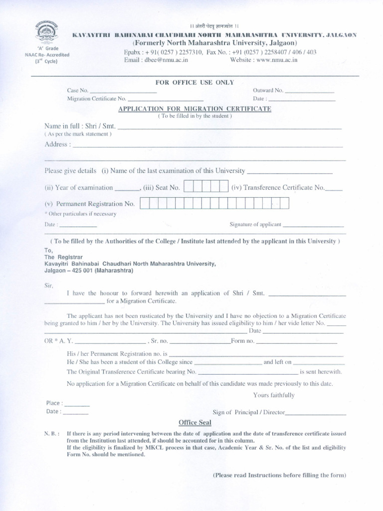 Application Form For Migration Certificate | PDF