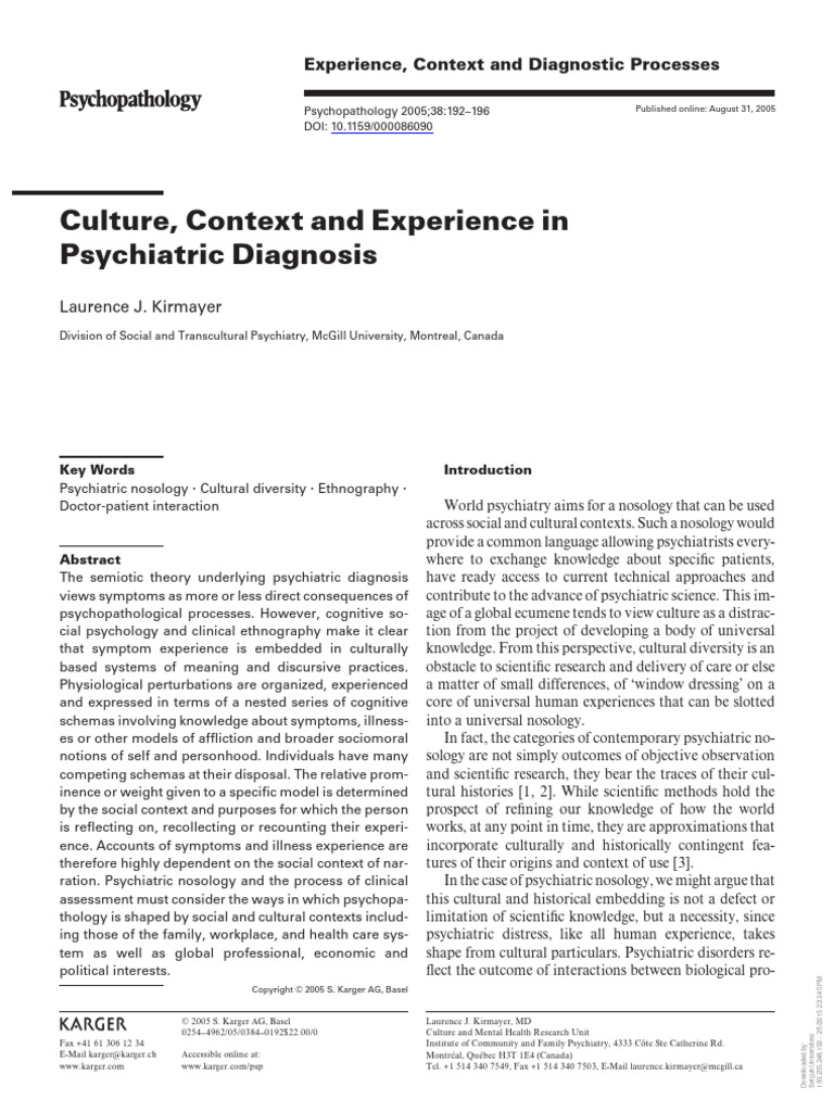 Culture, Context and Experience in Psychiatric Diagnosis | PDF | Psychiatry | Medical Diagnosis